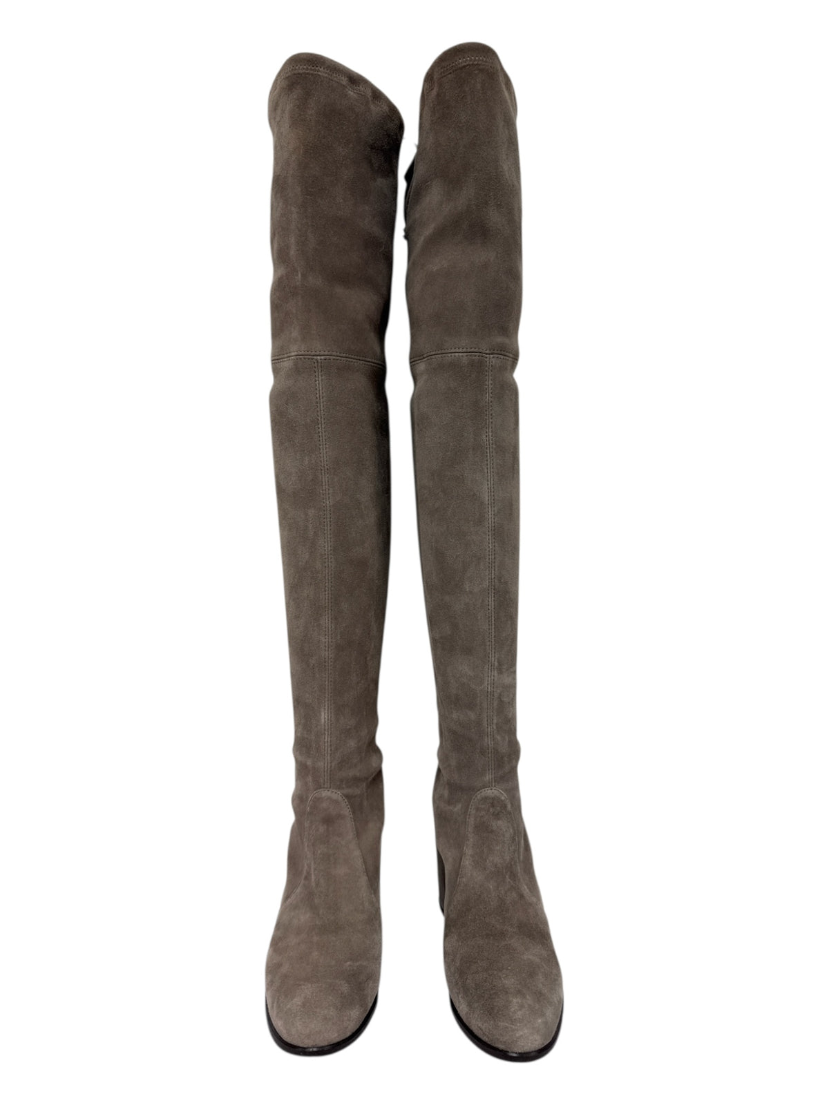 Stuart Weitzman Shoe Size 37.5 Grey Suede Block Heel Almond Toe Side ...
