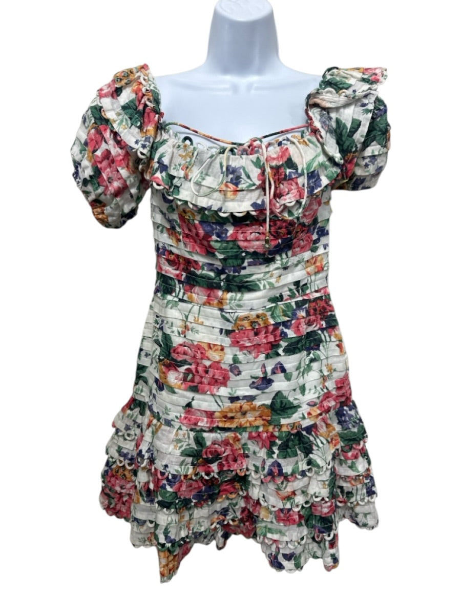 Zimmermann Size 1 Red, Green & Multi Linen Short Balloon Sleeve Floral ...