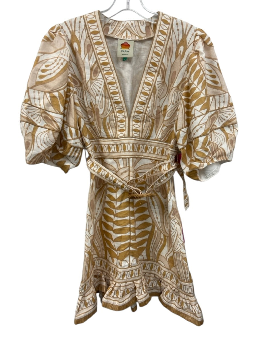 Farm Rio Size M yellow, tan, white Linen Raffia Abstract Leaves Mini ...