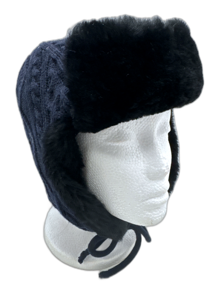 Tory Burch Navy Blue Wool Blend Cable Knit Ear Flaps Trapper Hat ...
