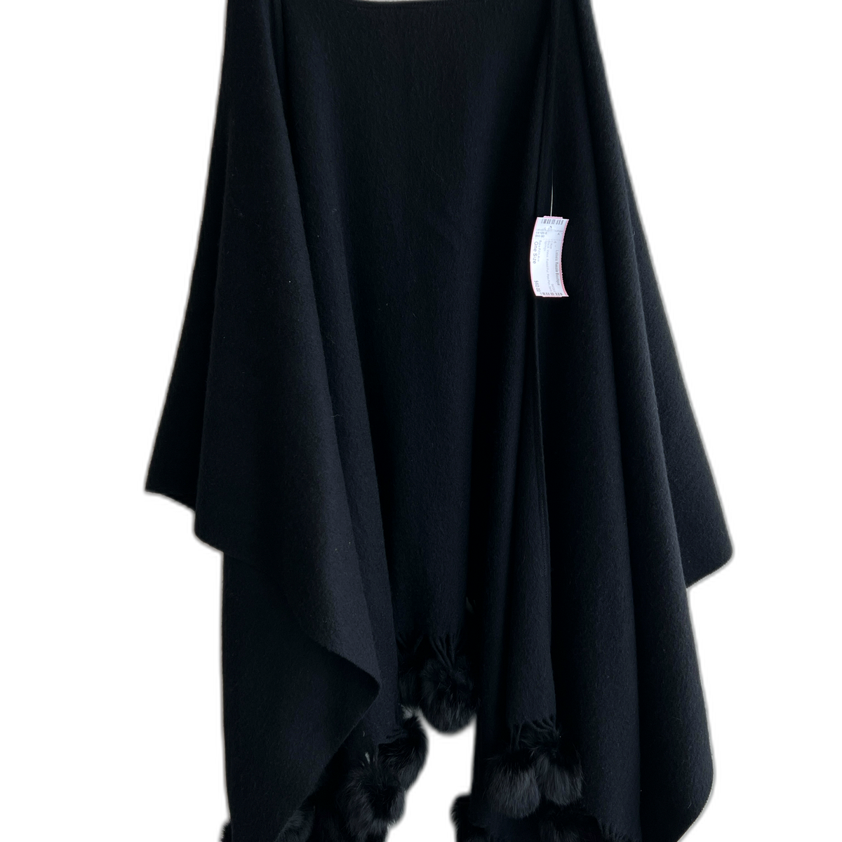 Saks Fifth Ave Black Wool Rabbit Fur Pom Pom Cape — Labels Resale Boutique