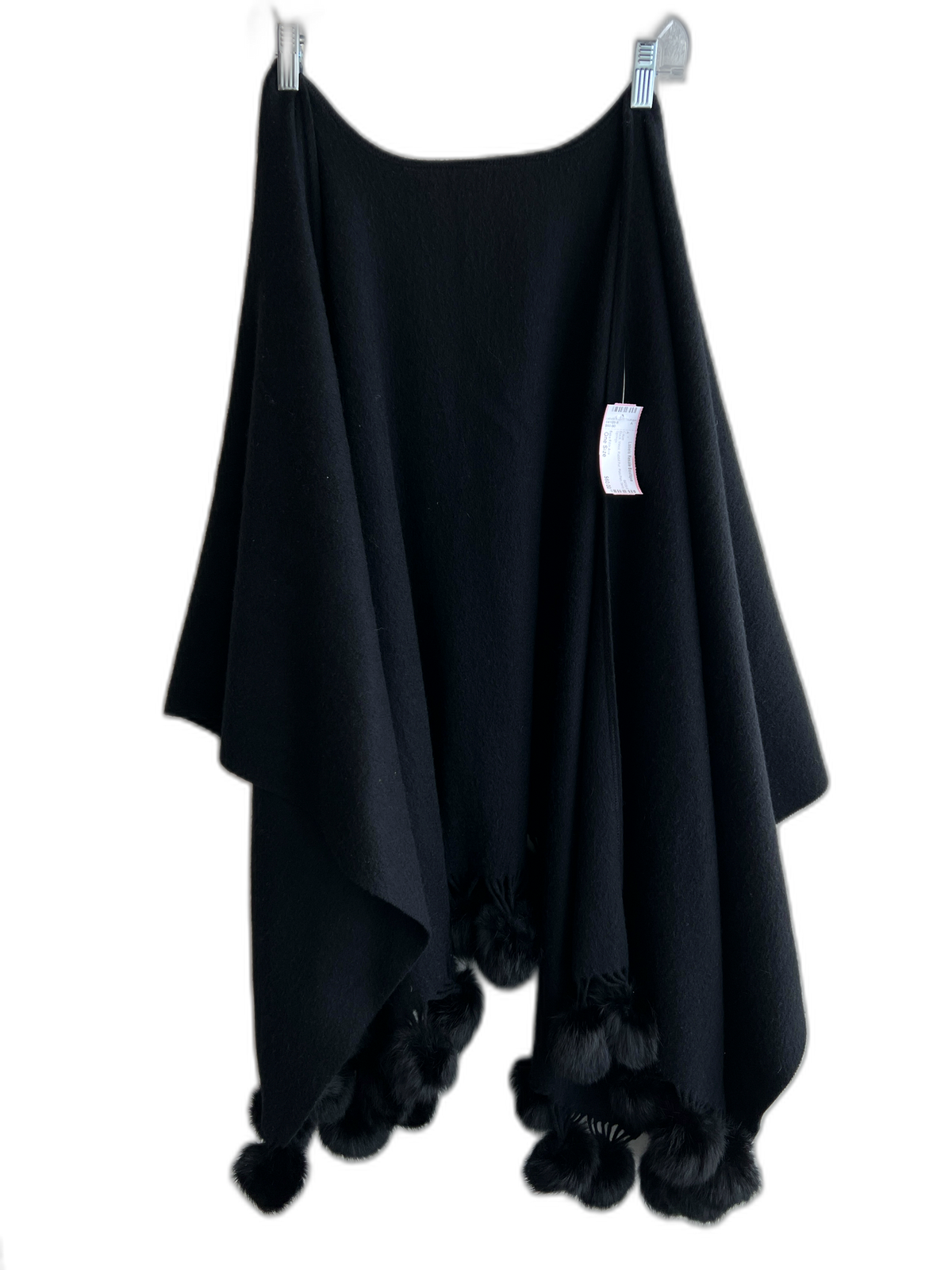 Saks Fifth Ave Black Wool Rabbit Fur Pom Pom Cape — Labels Resale Boutique