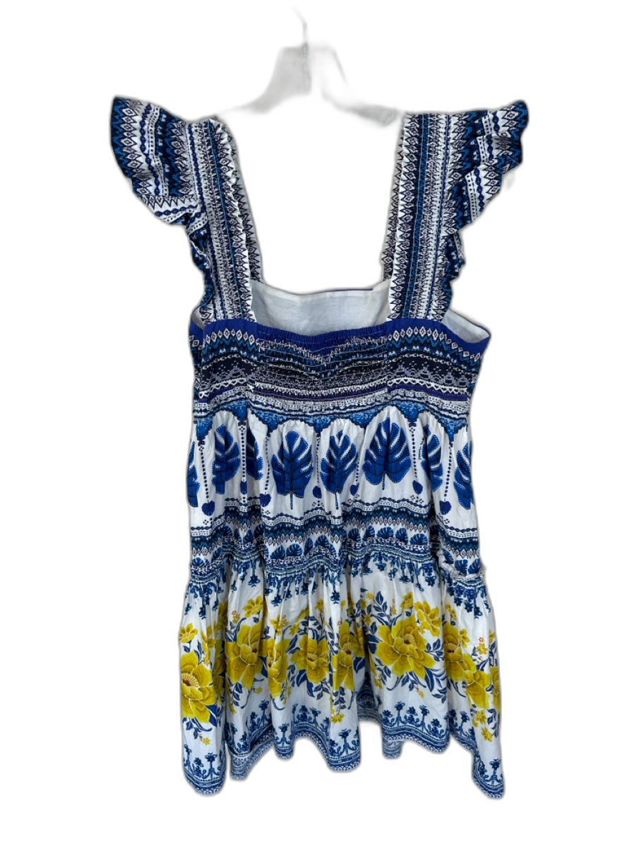 Farm Rio Size M Blue & Yellow Cotton Sleeveless Flowers Smocked Dress ...